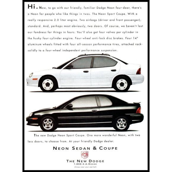 Dodge | Art | 995 Dodge Neon Sedan And Sport Coupe Vintage Print Ad Man ...